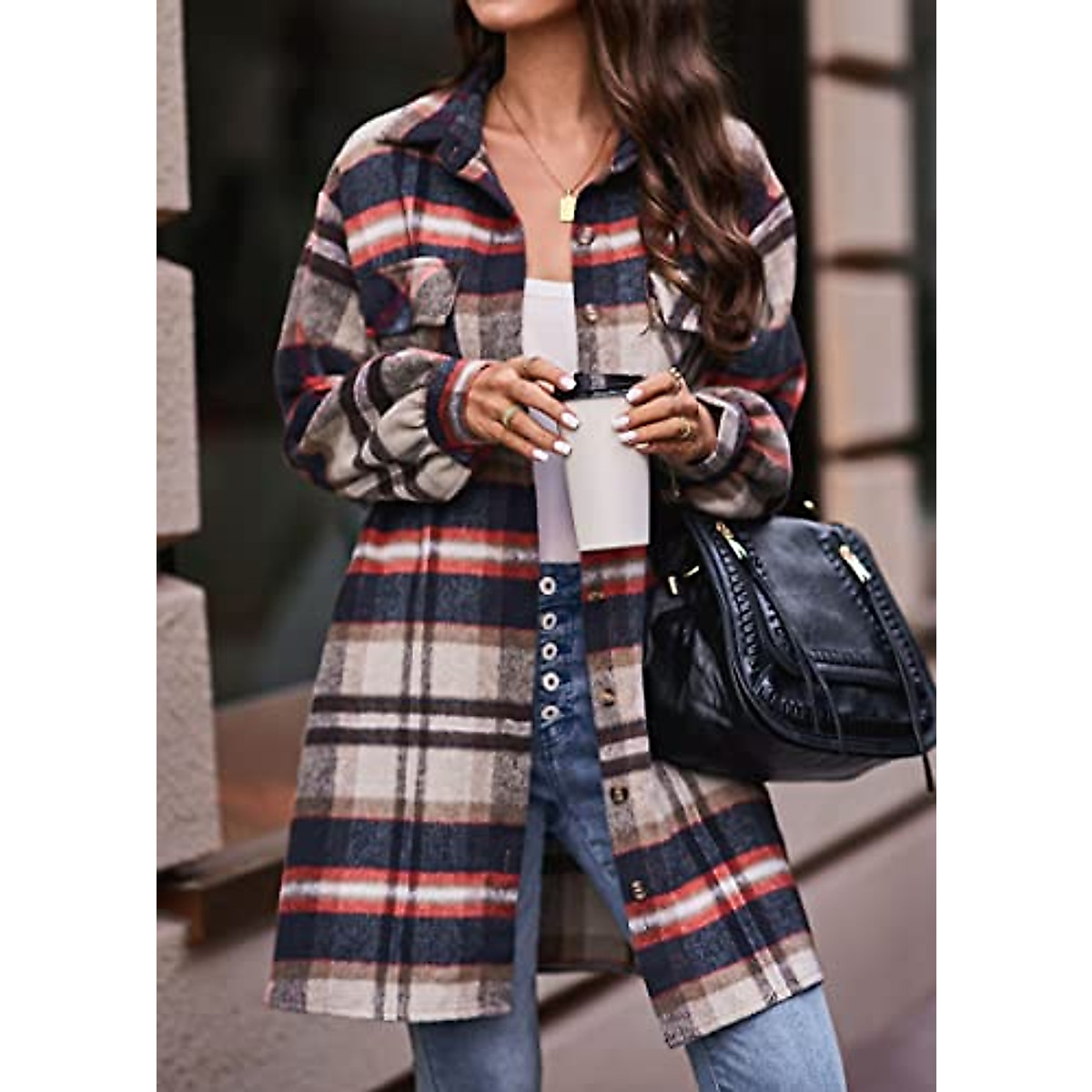BTFBM Women's Corduroy Shacket Jacket Shirts Lapel Long Sleeve Oversized 2023 Fall Winter Button Down Shirt Dress Pocket(Plaid Khaki, Medium)