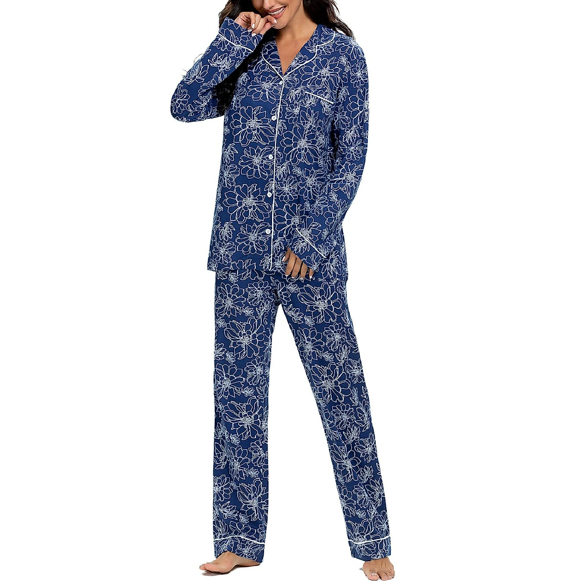 Tugege Pajamas Set Long Sleeve Sleepwear Womens Button Down Nightwear Pj Sets (Deep Blue Peony, XX-Large)