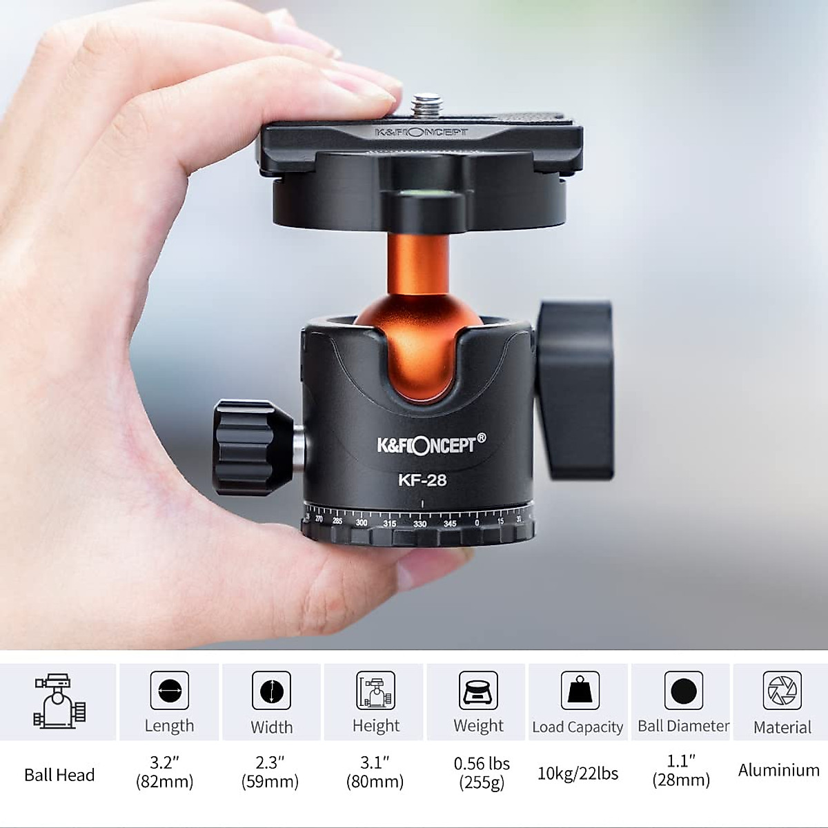 K&F Concept 63" Carbon Fiber Camera Tripods,D254C1+BH-28L Compact Tripod with Detachable Monopod, Metal Ball Head 10KG Load Capacity with Quick Release Plate for SLR DSLR Digital Camera/Camcorder