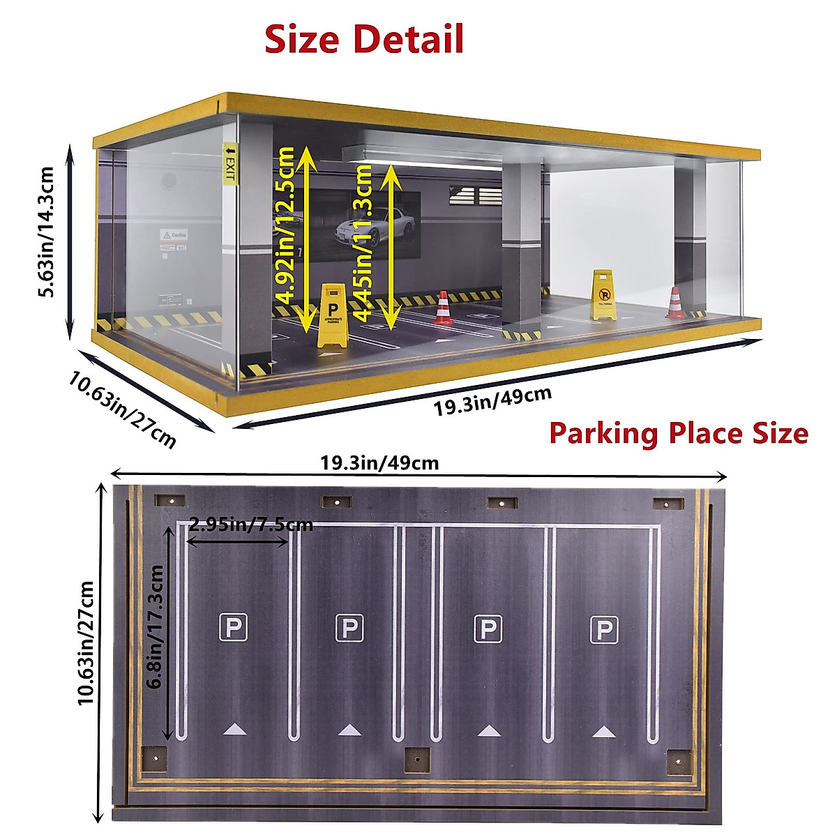 Otypus 1/24 Scale Model Car Display Case with Light, 1 24 Diecast Cars Storage Cases in Parking Lot Scene, Acrylic Toy Garage for Alloy Car Models (Grey-8 Parking Place)