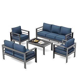 UDPATIO Oversized Aluminum Patio Furniture Set, Modern Metal Outdoor Patio Conversation Sets Patio Sectional Sofa Set with 5 Inch Cushion for Deck, Grey Blue (Include 4 Sofa Covers)