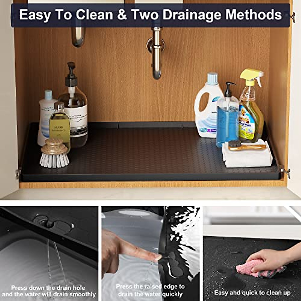 Under Sink Mat - 34" x 22" Waterproof Kitchen Cabinet Mat - Flexible Silicone Under Sink Liner with Drain Hole - Kitchen Bathroom Cabinet Mat and Protector for Drips Leaks Spills (Black)