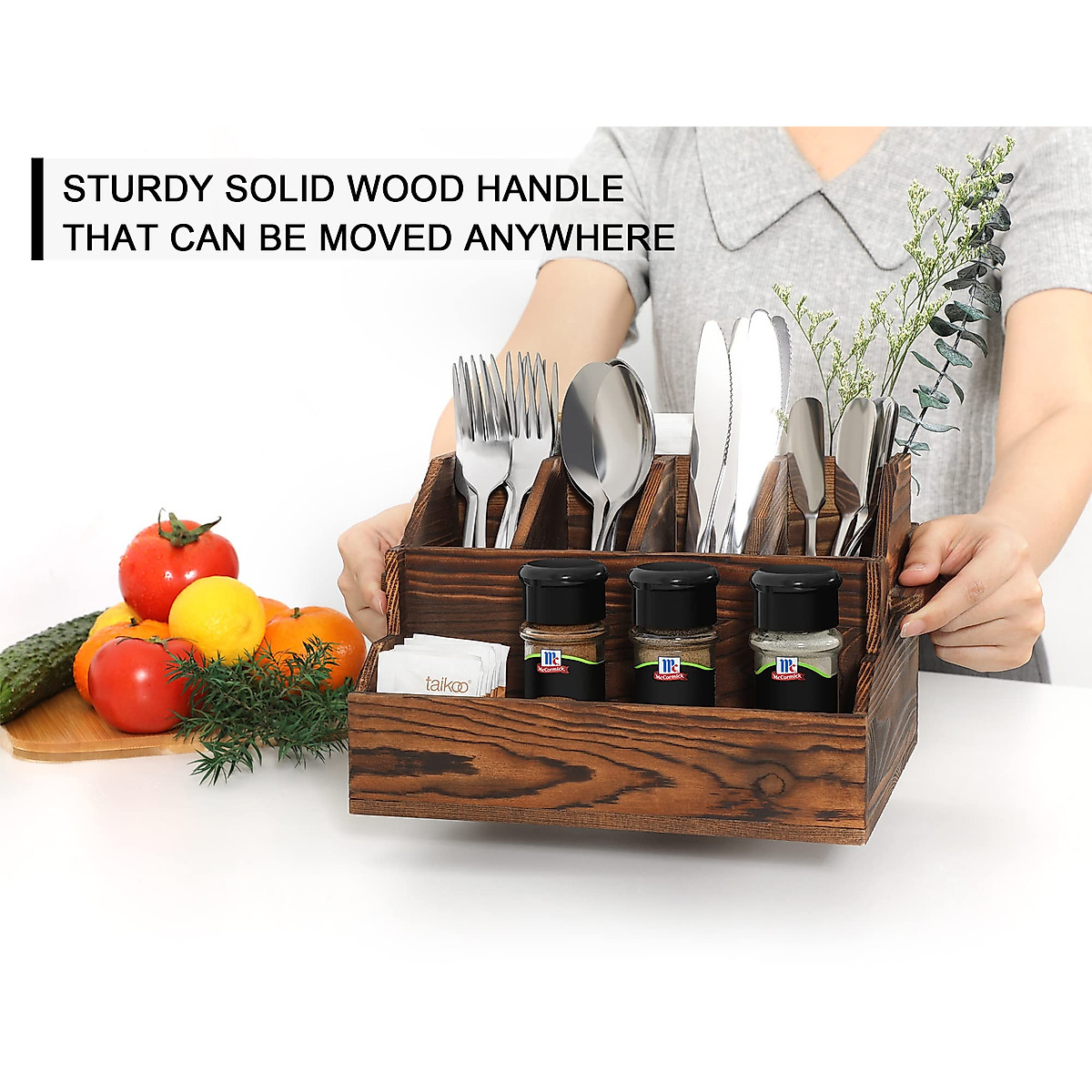 Innovation Silverware Caddy, Flatware Caddy, 7-Compartment Wooden Utensil Caddy Silverware with Handles for Spoons, Knives, Forks, Napkins, Vintage Brown
