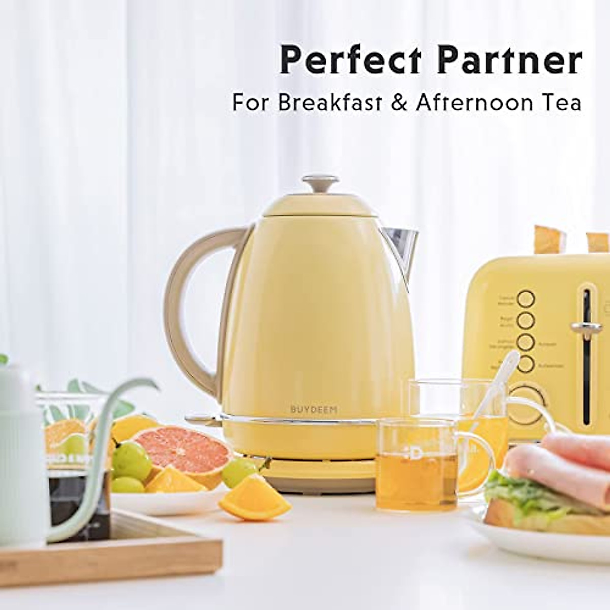 BUYDEEM K640 Stainless Steel Electric Tea Kettle with Auto Shut-Off and Boil Dry Protection, 1.7 Liter Cordless Hot Water Boiler with Swivel Base, 1440W, Mellow Yellow