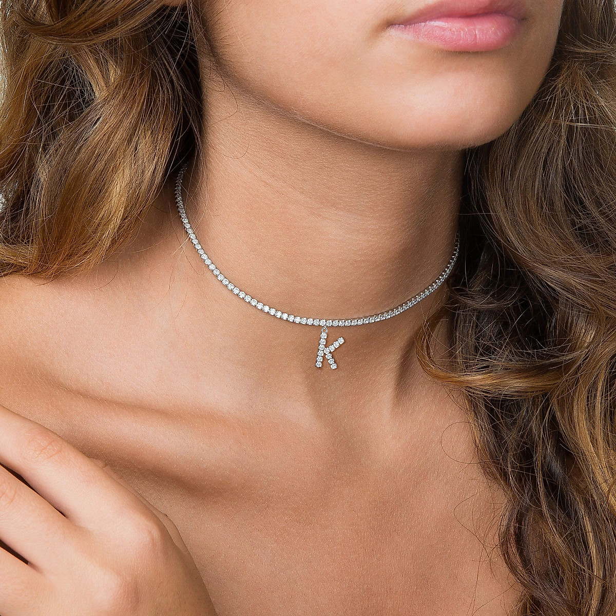 Initial A Necklaces for Women 14K White Gold Plated Cubic Zirconia Choker Silver Tennis Chain Letter Necklace Gift
