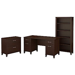 Bush Furniture Somerset 60W Office Desk with Lateral File Cabinet and 5 Shelf Bookcase