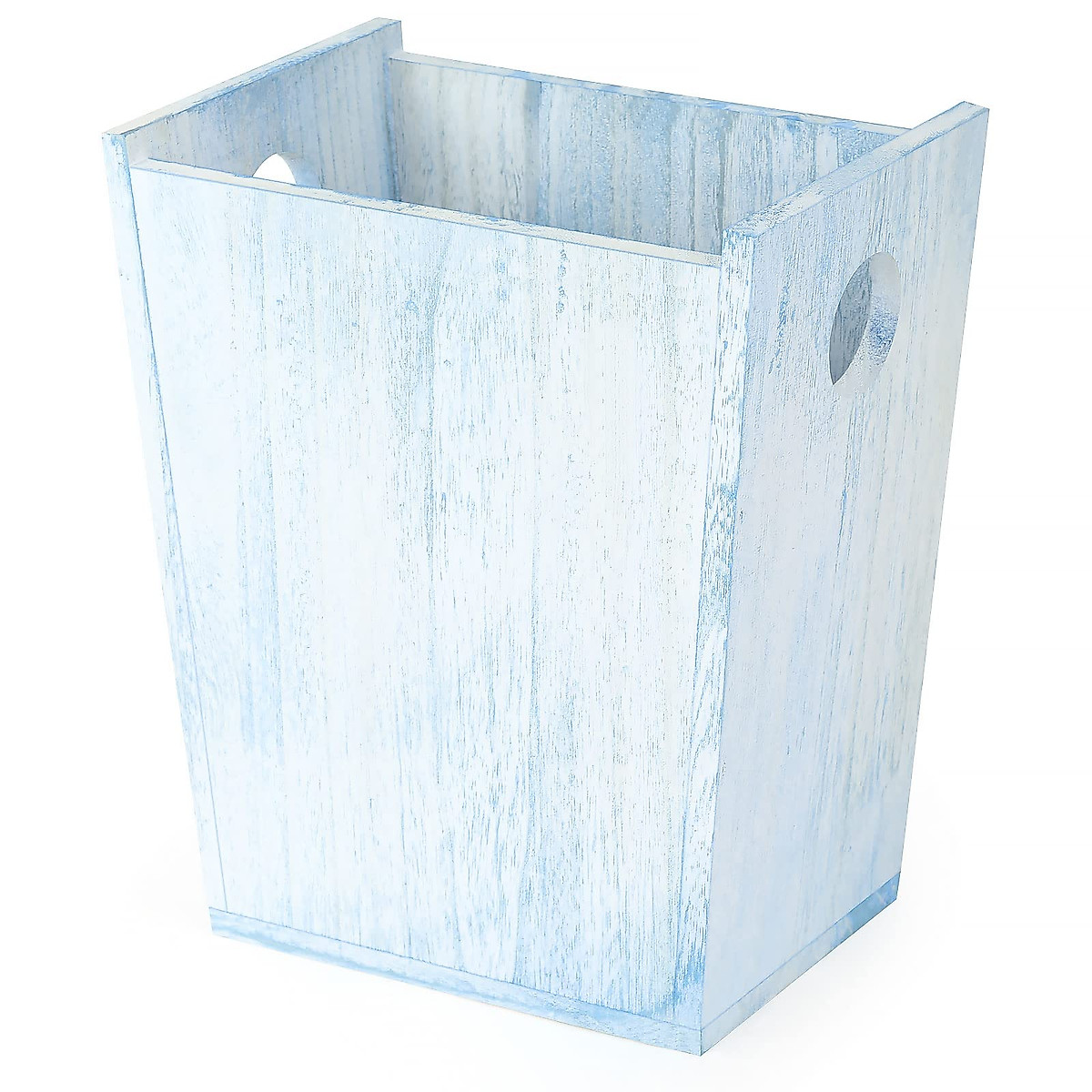 Rustic Wastebasket Wood Trash Can Farmhouse Bathroom Waste Bin with Built-in Double Round Handles for Office, Bedroom, and Bathroom, Blue White