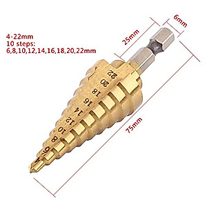 HSS Titanium Coated Step Drill Bit Set, 1/4" Hex Shank Quick Change Cone Bits Hole Expander for Wood and Metal, 10 Step Sizes from 4mm to 22mm