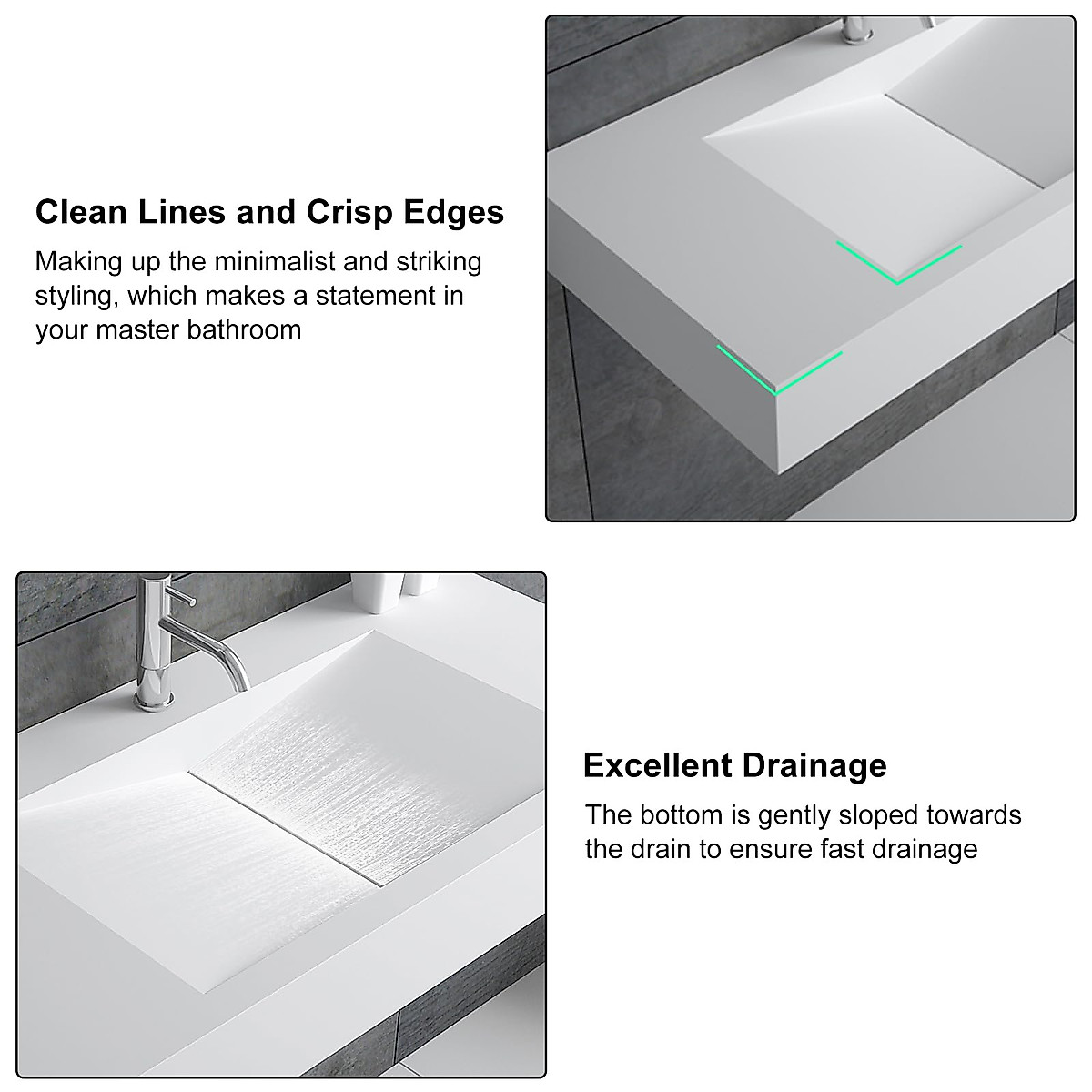 Weibath 35'' Vessel Sink Wall-Mount Bathroom Sink V-Shaped Floating Sink Stone Resin in Matte White
