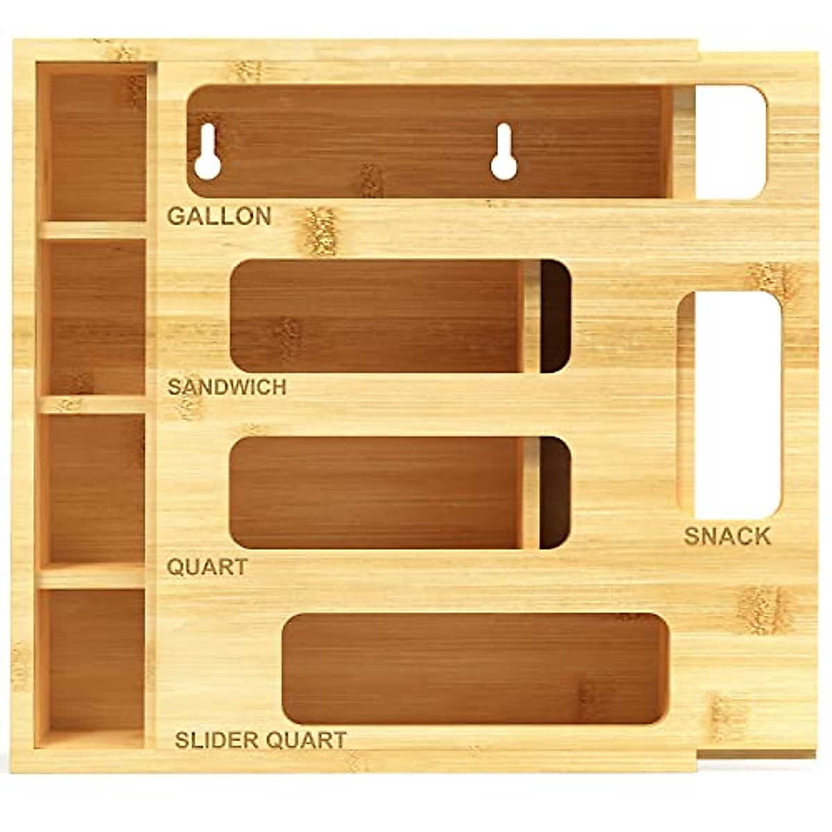 DUJEN Bamboo Ziplock Bag Storage Organizer, Food Storage Bags Container Organizer with Slider, Kitchen Plastic Bags Storage Compatible with Gallon, Quart, Sandwich & Snack Variety Size Bags