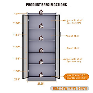 Storage Cabinet with Doors Adjustable Shelves - 65" Grey Tall Kitchen Pantry Organizer with Metal Handle/LED Lights/Human Sensor - 5 Tier Display Bookcase for Bedroom Living Room Office