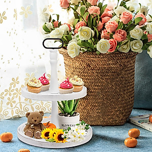 Rustic Tiered Serving Tray, Farmhouse Decorative Wooden Two Tiered Trays, Wooden 2 Tier Tray Stand for Table Kitchen Coffee Macaron Plate Cakes Dessert Fruit(Stand+Beeds)