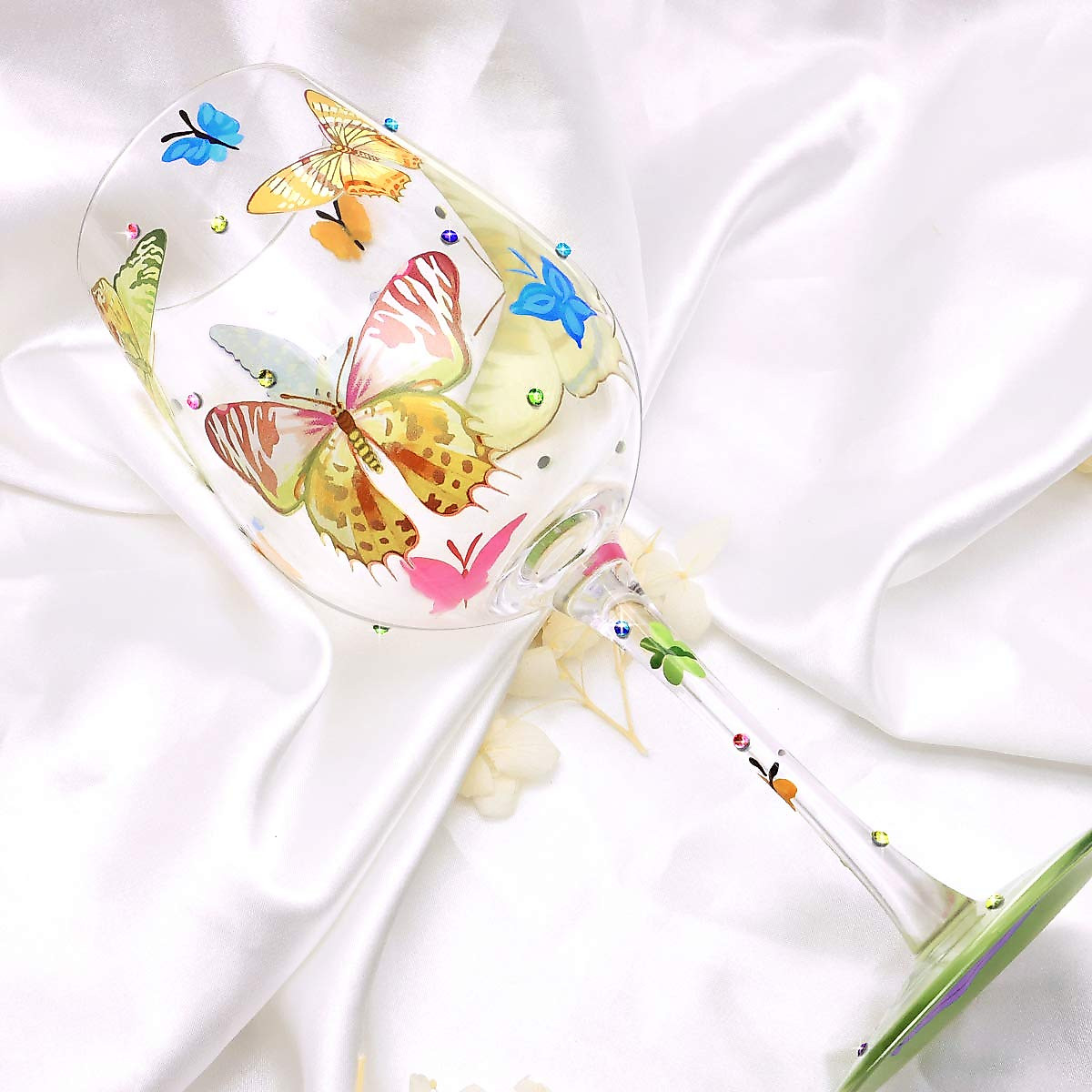 NymphFable Hand-painted Wine Glass Colorful Butterflies Artisan Painted Glass 15 oz Novelty Gift for Birthdays,Weddings,Valentine's Day