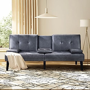 COLAMY Futon Sofa Bed-Leather Small Futon Couch, Futon Lounge Sofa, Futon Convertible with Cup Holder, Removable Armrest, Adjustable Backrest Darkgrey