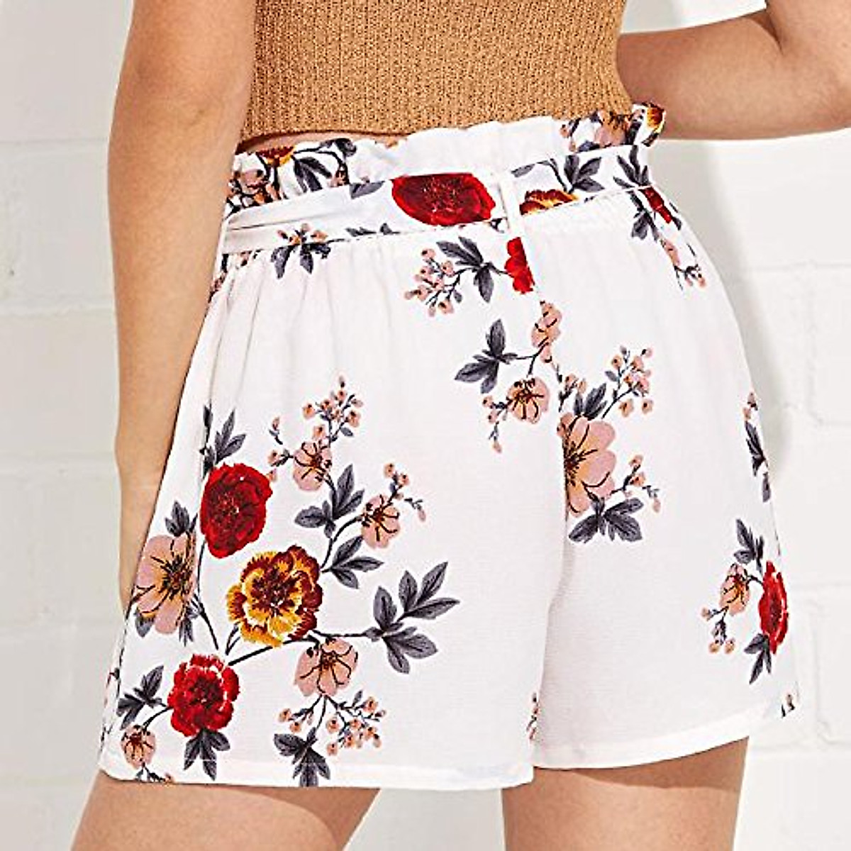 Fashion Beach Shorts ,THENLIAN Women Print Casual Belt Loose Hot Pants Lady Summer Shorts (L, White)
