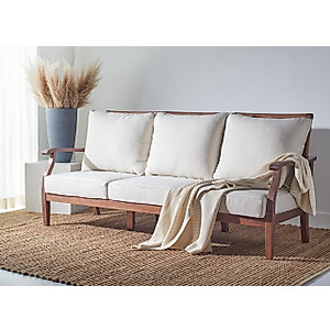 SAFAVIEH Couture Home Collection Payden Natural Wood/Beige Cushion 3-Seat Outdoor Patio Sunroom Porch Backyard Veranda Sofa