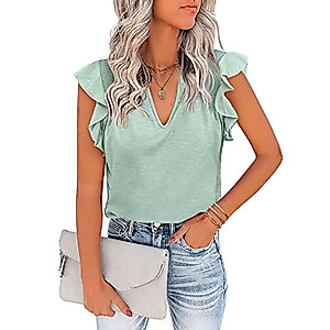 Zeagoo Womens Summer Tops V Neck Ruffle Short Sleeve Blouse Shirts Casual Basic Tshirts Light Green