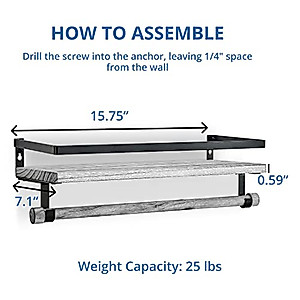 Halter Wall Mounted Floating Shelf with Rail and Wooden Towel Rod, Grey