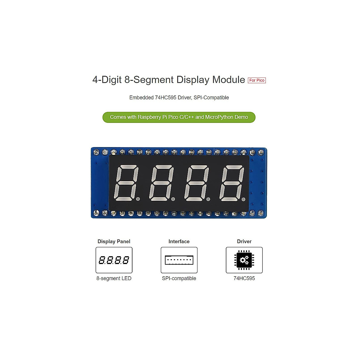waveshare 4-Digit 8-Segment Display Module for Raspberry Pi Pico Embedded 74HC595 Driver SPI-Compatible Comes with Raspberry Pi Pico C/C++ and MicroPython Demo