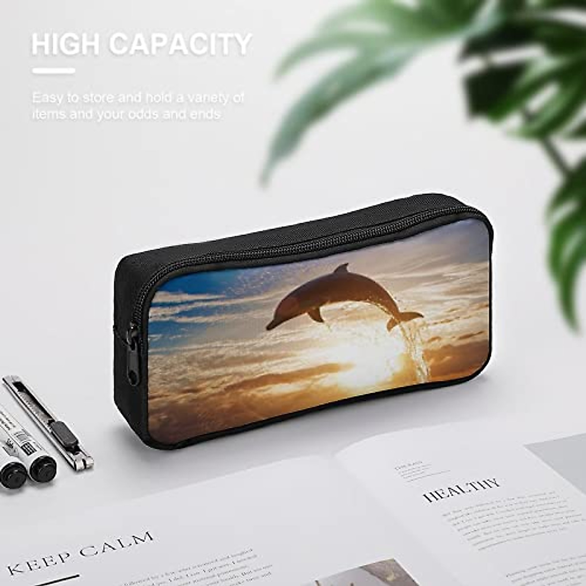 Dolphin Jumping Sea Surface at Sunset Pencil Case Pencil Pouch Coin Pouch Cosmetic Bag Office Stationery Organizer