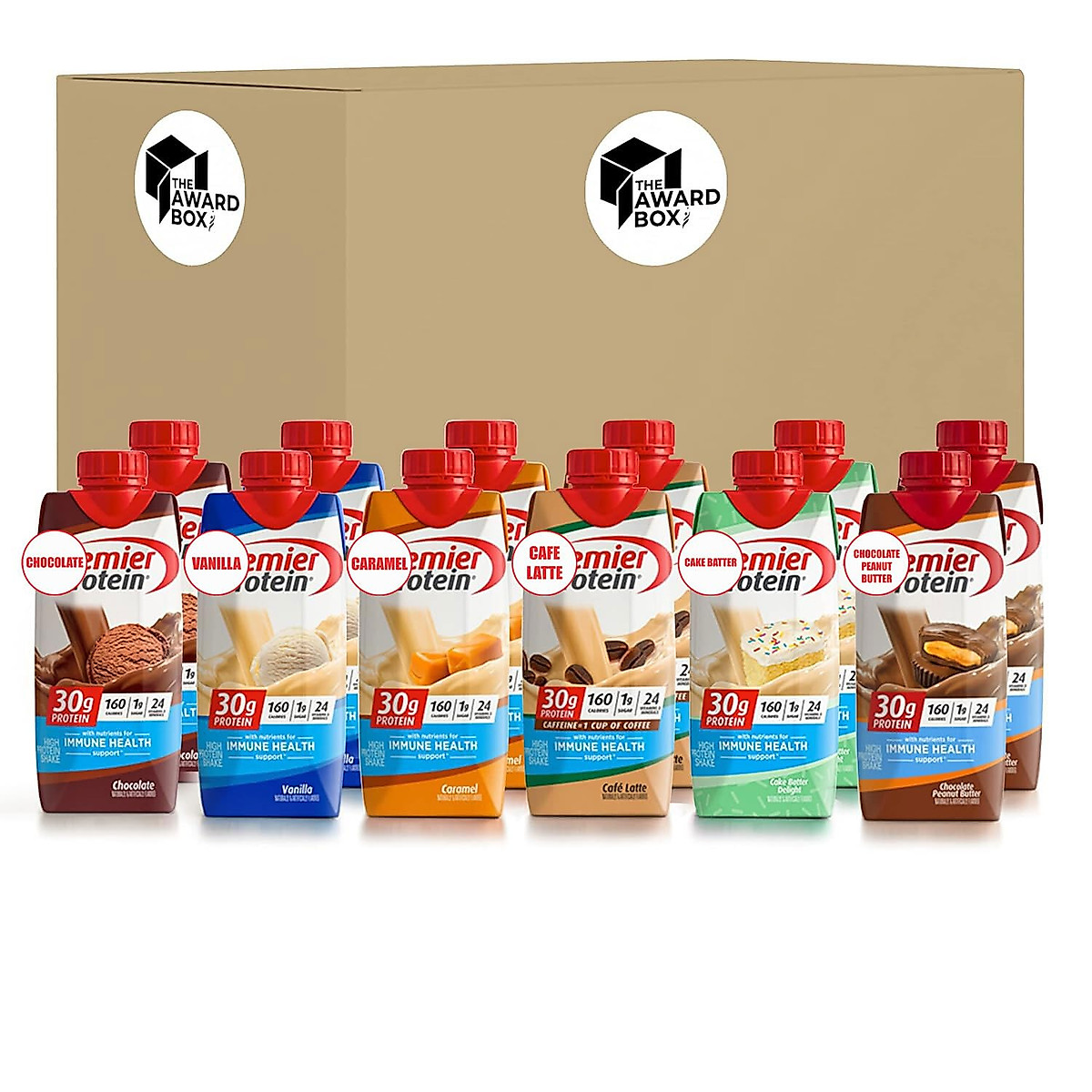 Premier High Protien Shakes Variety Sampler Pack, 11 Fl. Oz Each - Cafe Latte, Chocolate, Vanilla, Caramel, Cake Batter, Chocolate Peanut Butter - 2 of Each Flavor (12 Pack) in The Award Box