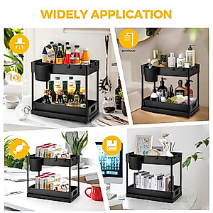 Ravinte 2 Pack Pull Out Under Sink Organizer 2 Tier Multi Purpose Sink Organizers Storage For Bathroom Kitchen Sink Storage Organizer With Hook & Hanging Cup Matte Black Sliding Cabinet Organizer