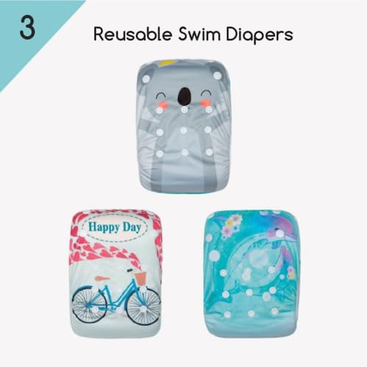 KaWaii Baby Swim Cloth Diapers, Washable Reusable One Size Adjustable to Fits 10-40 lbs Boy & Girl Baby Shower Gifts Swimming Lessons 3-Pack #2