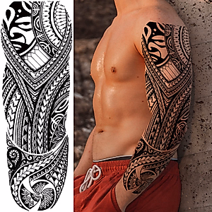 Tribal Totem Temporary Tattoo Sleeve for Men Women, 4-Sheet Full Arm Large Hawaiian Tribal Viking Fake Tattoo Sleeve Adult and 4-Sheet Black Polynesian Turtle Half Temp Tatoo Sticker Leg Makeup Body Art
