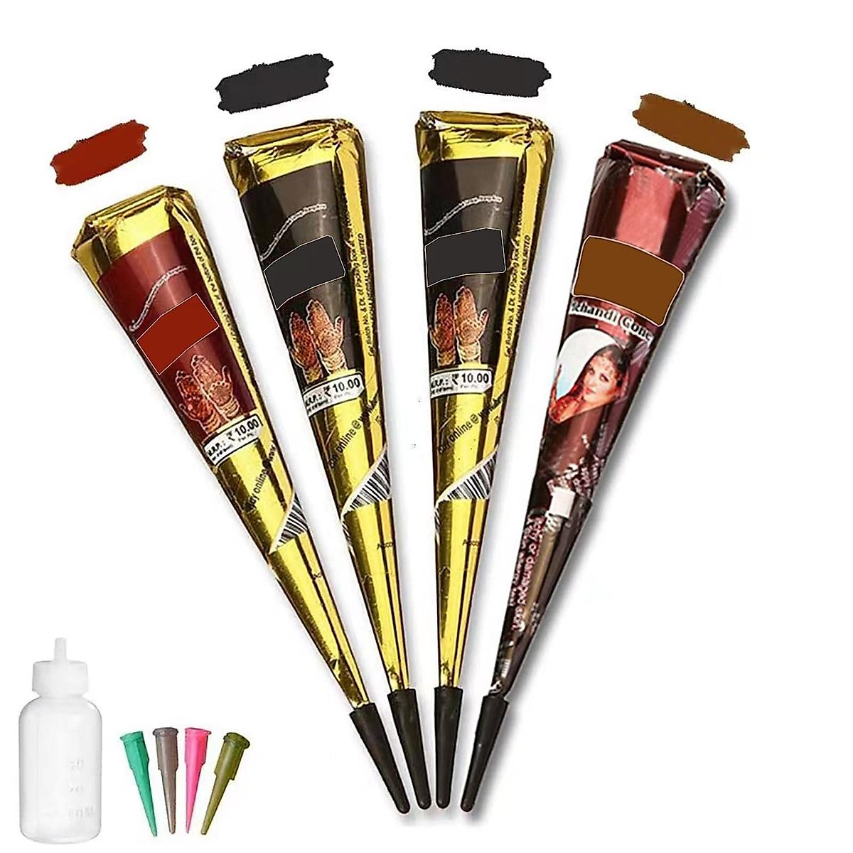 Temporary Tattoo kit，4Pcs Tattoo Cones,100% Natural Ready to Use Black Tattoo Paste, India Body DIY Art Painting for Women Men Kids with 20 Adhesive Stencils, 1 Bottle, 4Nozzles