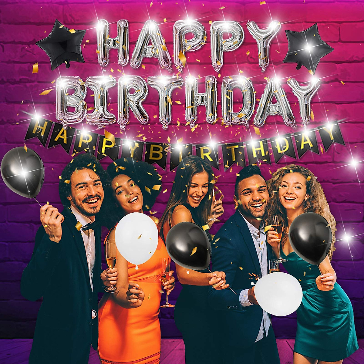 GoGoGoodie Birthday Decorations for Adult, String Light Party Decoration kit Black and White Balloons Perfect for Men and Women Birthday