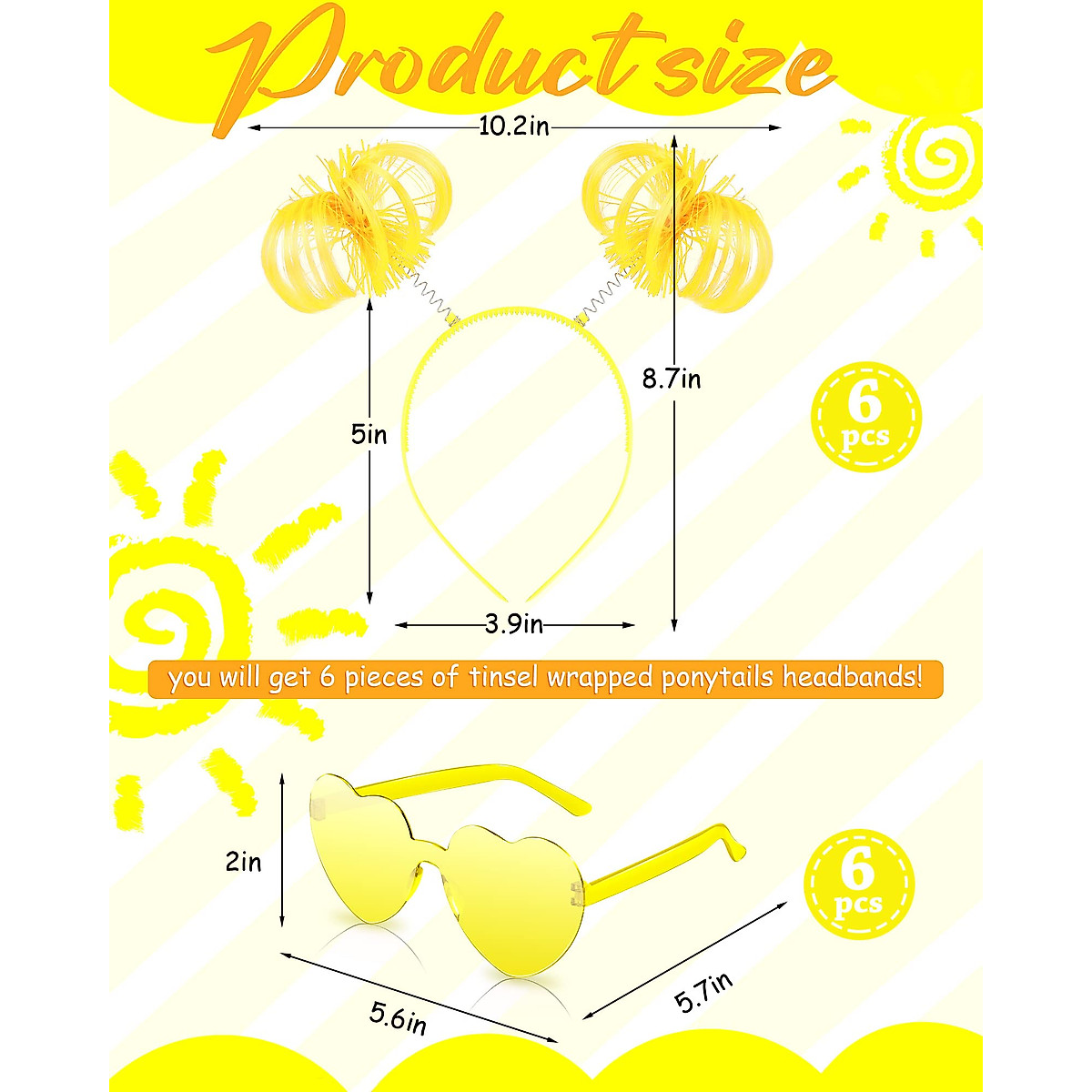 12 Pcs Tinsel Wrapped Ponytails Headband with Heart Shape Sunglasses Costume Party Faux Feather Headwear Bopper for Festival(Yellow)