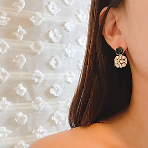 AYNN 18k Gold Plated Black Square Cubic Zircon Pearl Drop Dangle Earring Jewelry Hypoallergenic