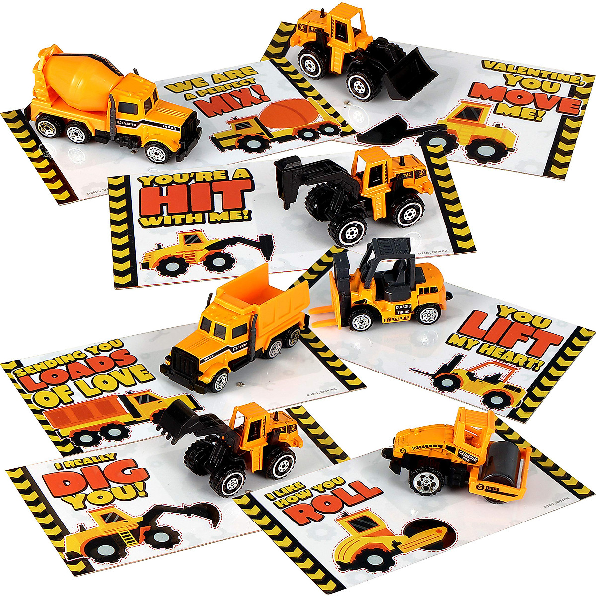 JOYIN 28 Pack Valentines Party Gift Cards with Mini Construction Vehicle Toy Set for Kids Valentine's Classroom Exchange Prizes Valentine Party Favor Toys Including Dump Truck, Excavator and More