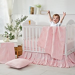 Brandream Crib Bedding Set for Girls Nursery Bedding with Elephant Embroidered Cotton Chic Pink Baby Girl Bedding Crib Set, 6 Pieces