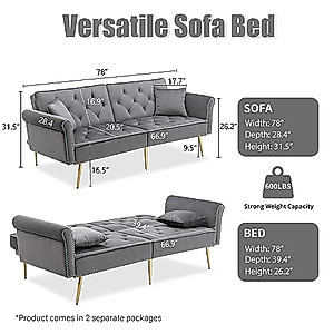 civama Futon Sofa Bed, Velvet 76" Twin Size Couch with 2 Pillows, Convertible 3-Seater 3 Adjustable Angle Tufted Sleeper with Nailhead Trim, Golden Metal Legs Folding Futon for Living Space, Gray