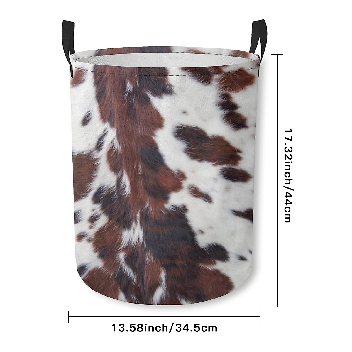 Storage Basket,Longhorn white cowhide with black and brown spots,Collapsible Large Laundry Hamper with Handles for Home Office 17.32"X13.58"