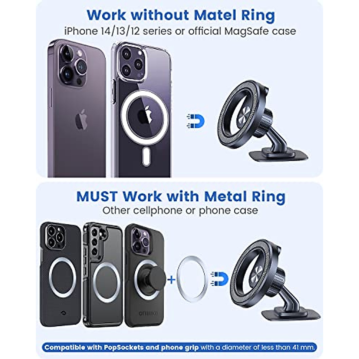 OQTIQ for MagSafe Car Mount Magnetic Phone Holder for Car Dash Mount Phone Holder Fit Curved Surface Flexible Rotation Compatible with iPhone 14 13 12 Pro Max Plus Mini, MagSafe Case, All Cellphones