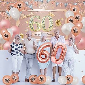 60th Birthday Decorations for Women,90 PCS Rose Gold 60th and Fabulous Birthday Decorations,Including Happy 60th Birthday Banner Backdrop,Crown,Hanging Swirl, birthday Balloons, Foil Backdrops,Cake Toppers, Plates, Photo Props, Birthday Sash,60th Birthday
