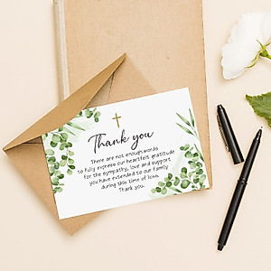 BYBOUS 50Pcs Funeral Sympathy Thank You Cards with Envelopes and Matching Seal Stickers, Green Leaf Cross Bereavement Card with Message for Memorial Service Loved Ones Celebration of Life