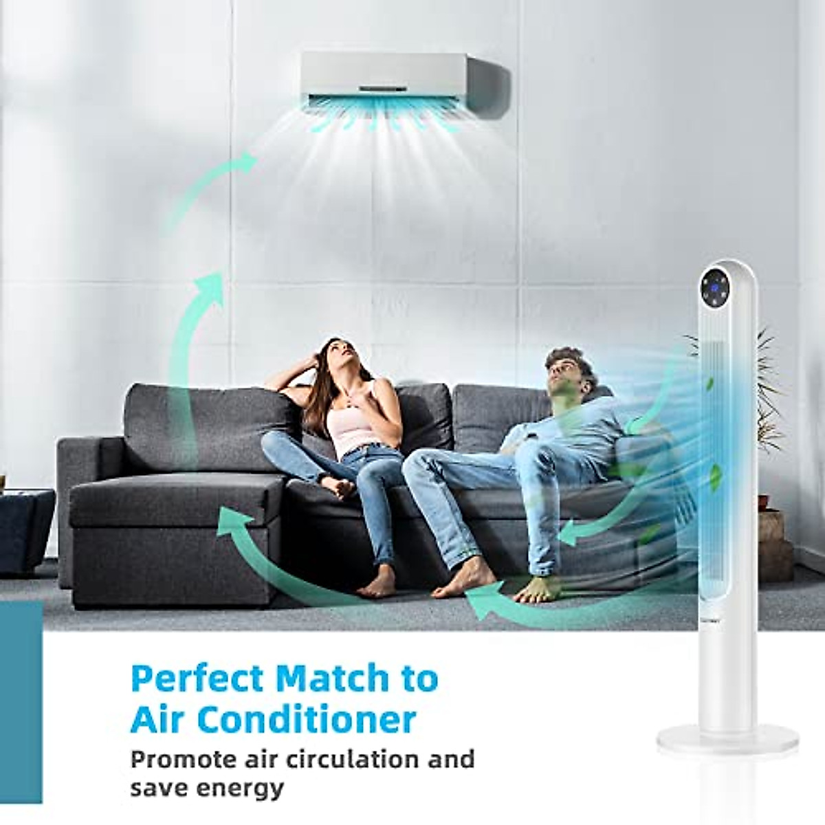 COSTWAY Tower Fan, 42-Inch Portable 80 Degrees Oscillating Fan with Remote, Smart Control Panel, 3 Wind Modes, 12H Timer, Quiet Bladeless Fan for Living Room, Bedroom, Kitchen, Office (White)