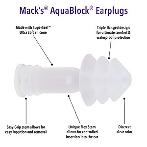 Mack's AquaBlock Swimming Earplugs, 3 Pair - Comfortable, Waterproof, Reusable Silicone Ear Plugs for Swimming, Snorkeling, Showering, Surfing and Bathing (Clear)
