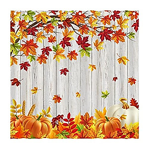 Juirnost Fall Shower Curtain Autumn Thanksgiving Day Pumpkin Shower Curtain Farmhouse Falling Maple Leaves Rustic Wooden Board Shower Curtain Home Bathtubs Decors 12 Hooks Washable Polyester 72"x72"