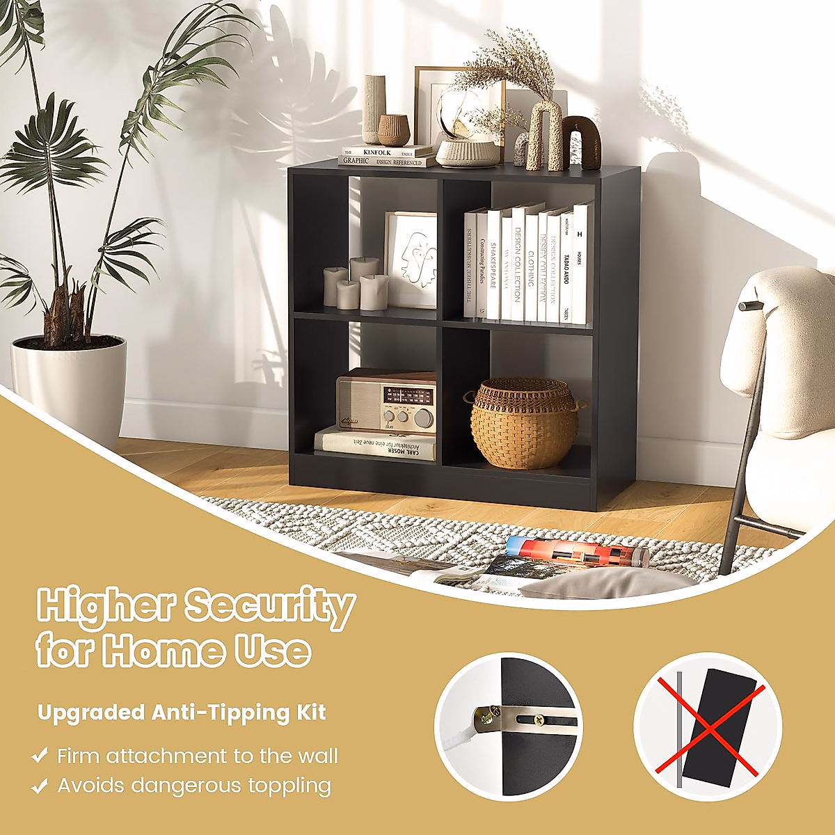 Tangkula 4-Cube Bookcase, Freestanding Open Bookshelf, 2 Anti-Tipping Kits, Modern Cube Storage Wooden Display Shelf for Living Room Kids Room, Easy Assembly (Black, 29 x 13 x 29 Inch)