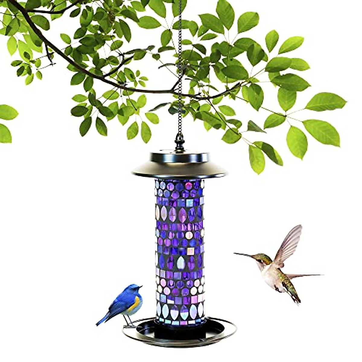 Sun-Ray 811015 Amethyst Mosaic Solar Lighted Bird Feeder Hanging Lantern - Multicolor/Violet/Purple/Blue