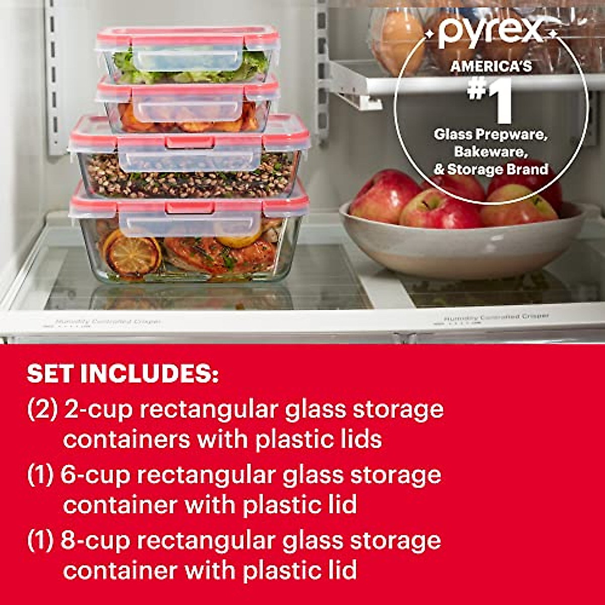 Pyrex Freshlock 8-Pieces Mixed Sized Glass Food Storage Containers Set, Airtight & Leakproof Locking Lids, Freezer Dishwasher Microwave Safe
