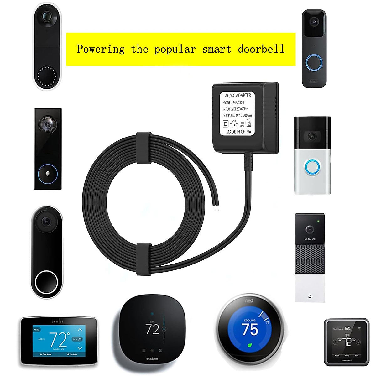 24V 500mA Doorbell Power Adapter with 16.4ft Cord Video Doorbell Transformer Compatible with Wyze,Ring, Nest Hello, Ecobee, Eufy, Sensi, and Honeywell Thermostats(Black)