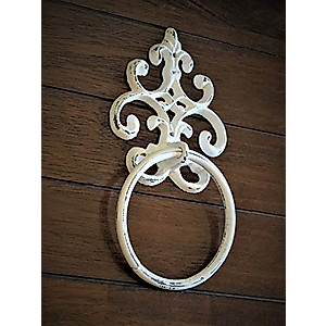 Shabby Chic Towel Ring, Antique White or Pick Color Towel Hanger, Heavy Cast Iron Bathroom Towel Hook, Fleur de Lis Design