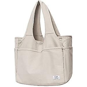 KYALOU Large Canvas Tote Bag for Women & Men, Casual Shoulder Bags with 13 Exterior & Interior Pockets for Work School Gym Beach Travel Shopping Grocery (Light Gray)