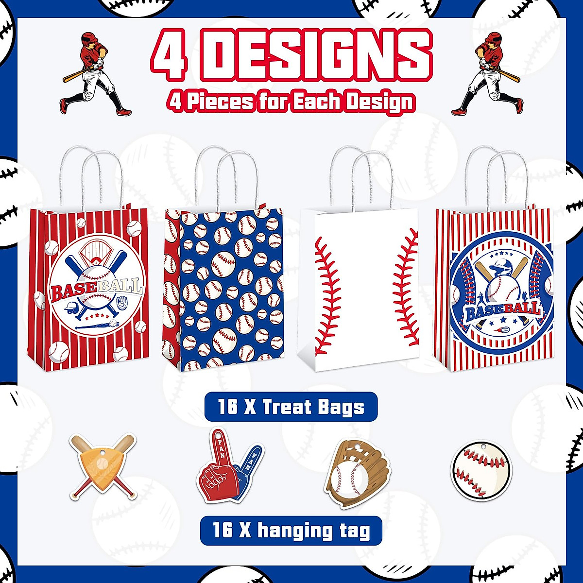 Mpanwen Baseball Goodie Bags, 16 Pcs Baseball Themed Party Favor Candy Treat Gifts Bags With Handle for Birthday Baby Shower Holiday Party Decorations
