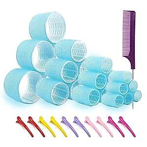 Jumbo Rollers Set for Long Hair - No Heat Heatless Curls With Clips & Comb, 24 Packs (Blue)